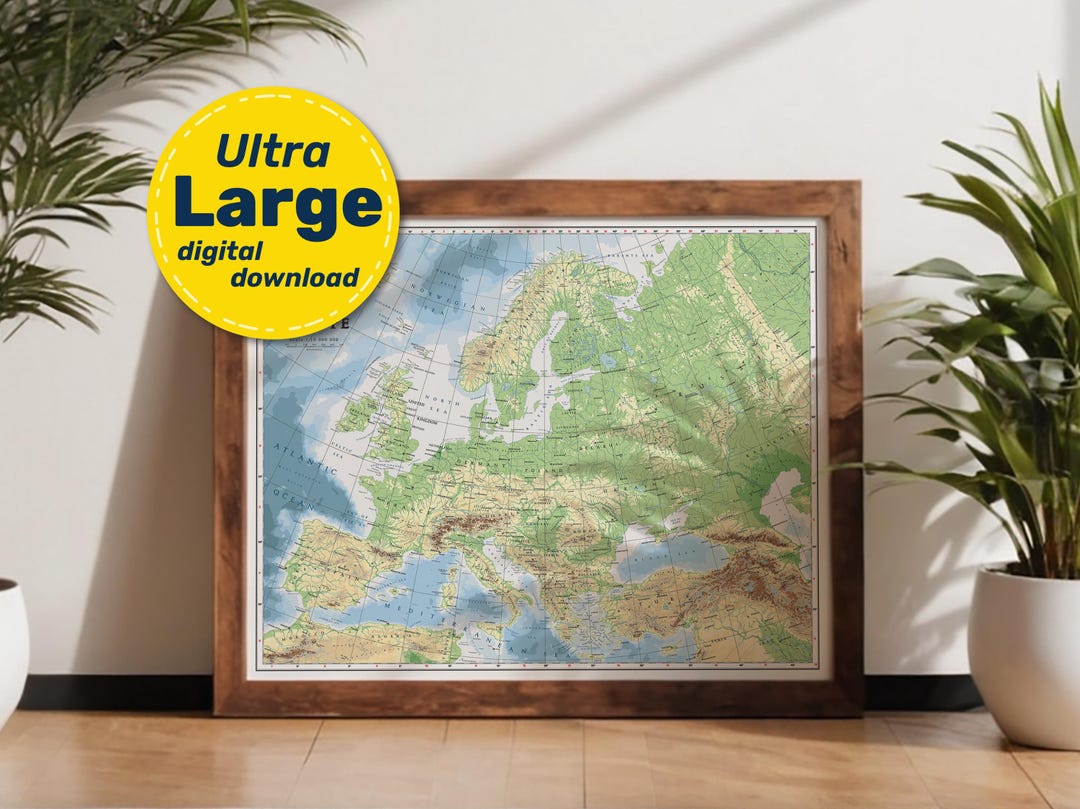 Europe Terrain Map Print. High-resolution PRINTABLE Physical Europe Map ...