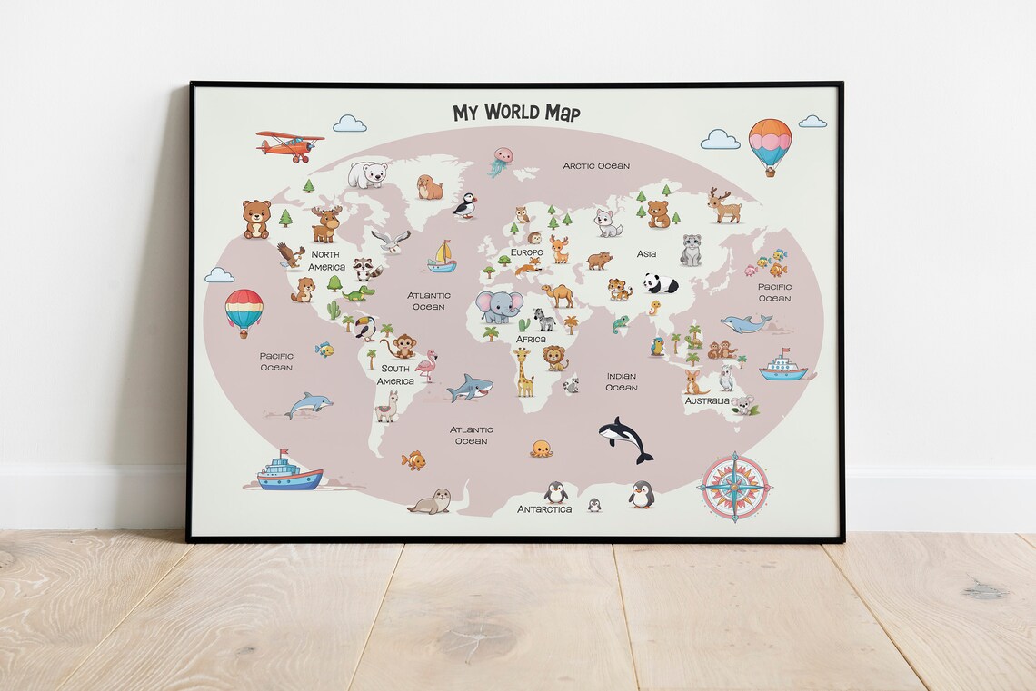 World Map Print for Girls, Animal World Map Print, Nursery Kids Decor ...