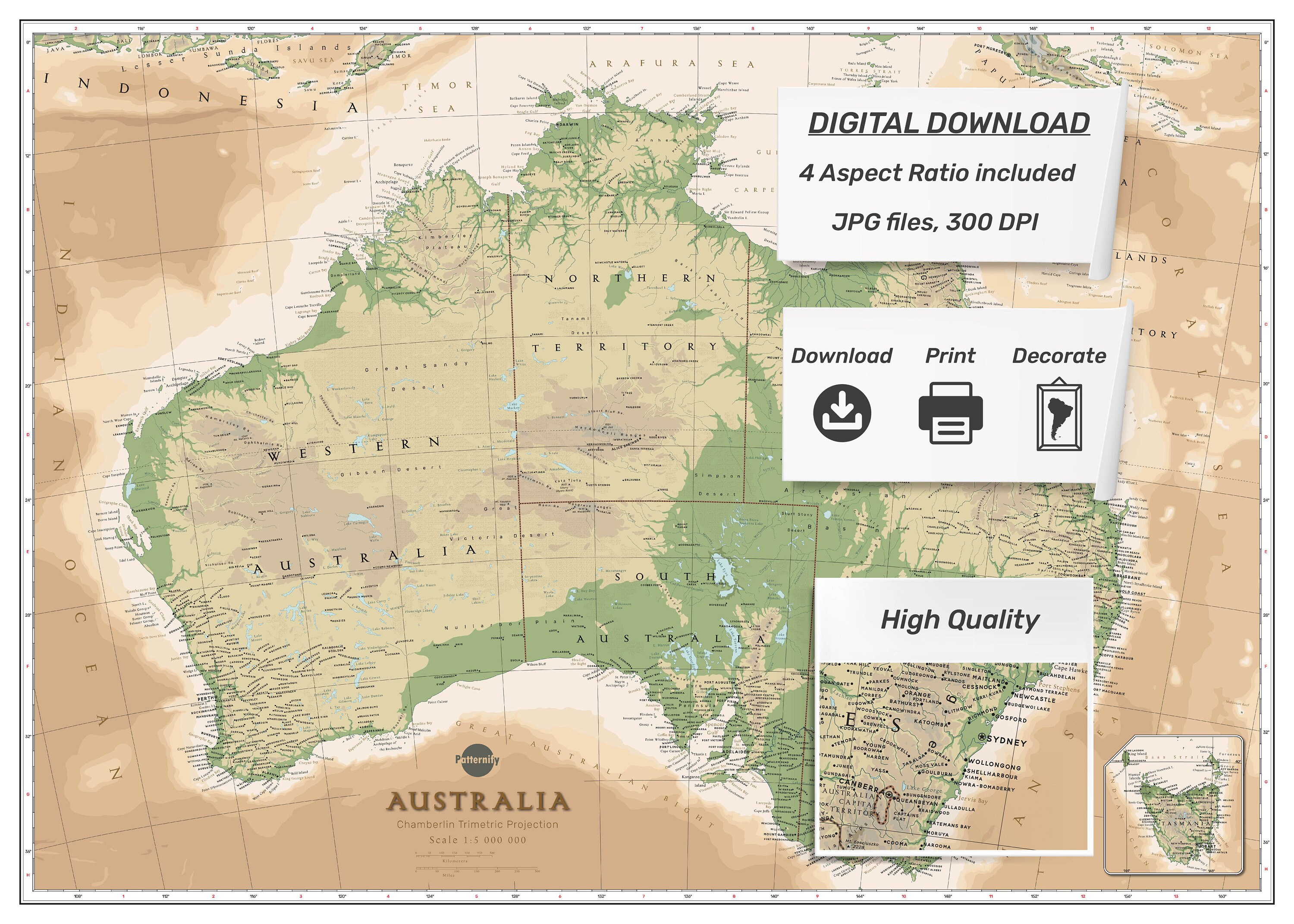 Terrain Map of Australia. Australia Map Wall Art. PRINTABLE Topographic ...