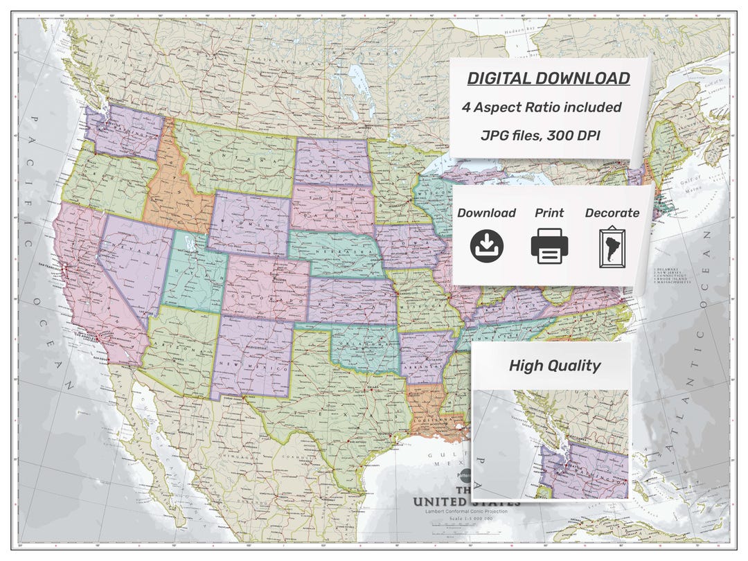 United States Political Map Print. PRINTABLE USA Executive Wall Map ...