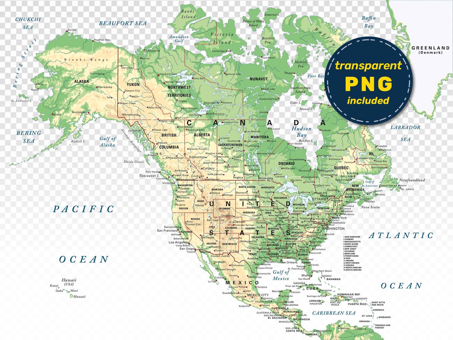 Detailed North America Terrain Map. Digital Americas Map With ...