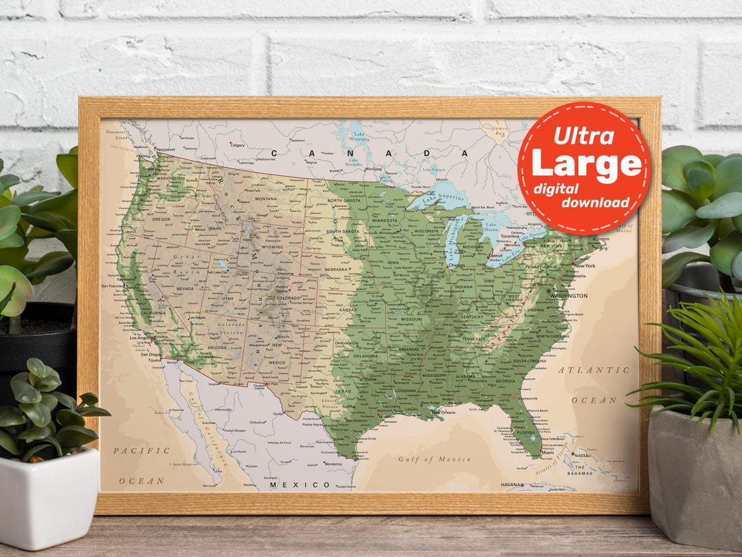 United States Vintage Physical Map. USA Terrain Vector Map. Educational ...