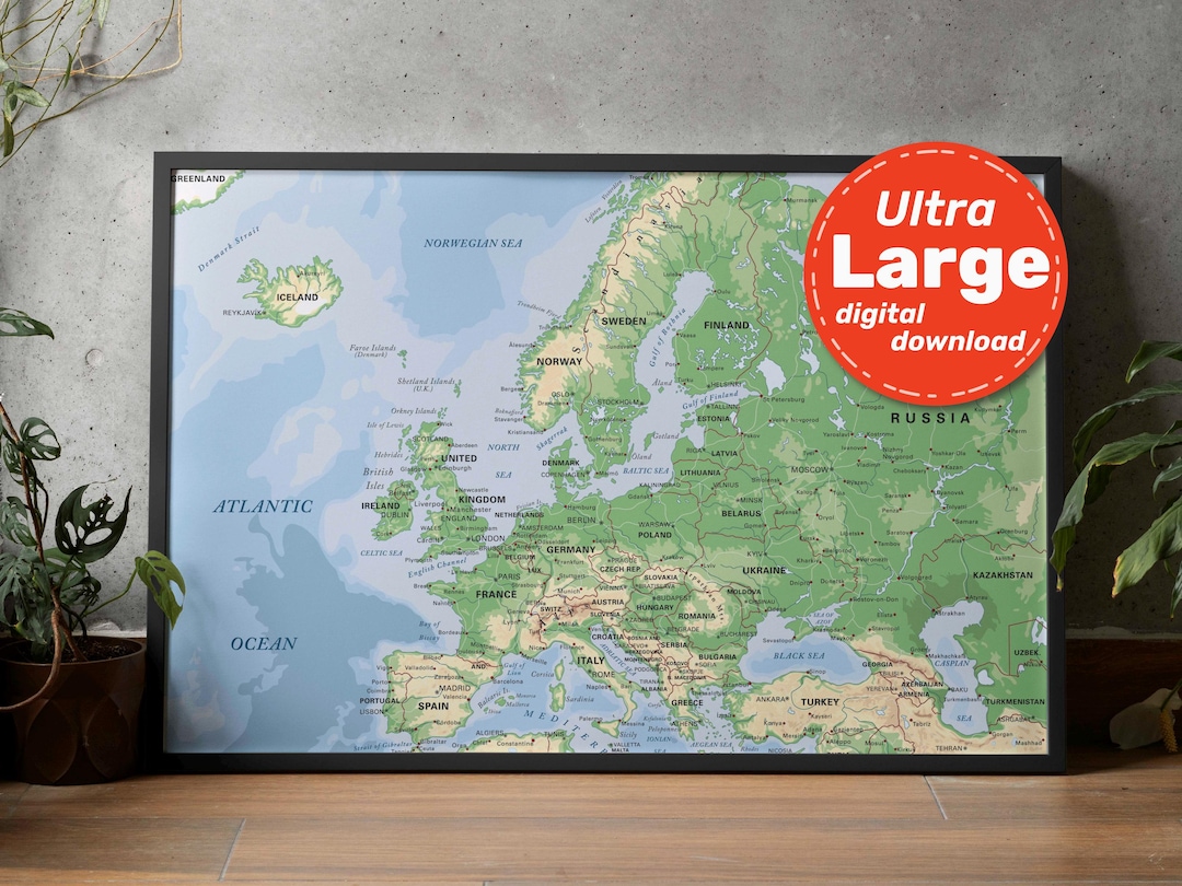 Detailed Europe Terrain Map. Digital Europe Map With, Countries, Cities ...