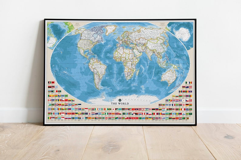 Political Map of the World With Flags | World Map Poster With State Flags Print | Classic World ...