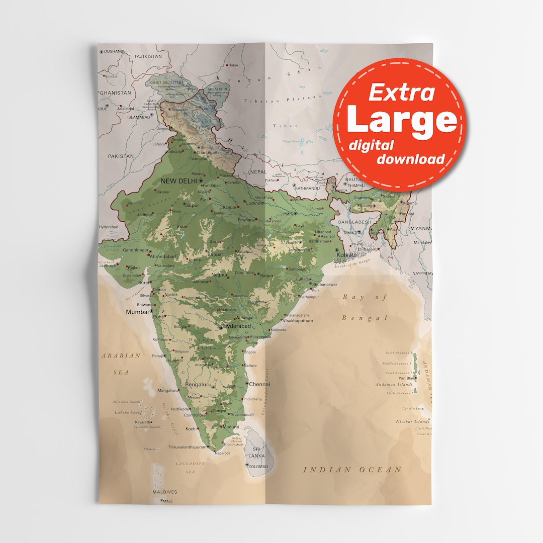 India Vintage Physical Map. Indian Terrain Vector Map. Print With ...