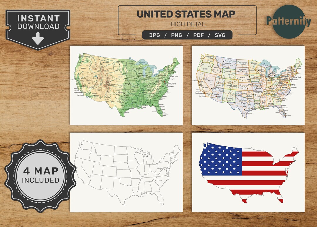 USA Map Bundle. Printable United States Map Set. Political, Physical ...
