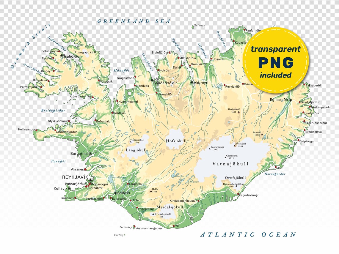 Iceland Detailed Physical Map. Iceland Terrain Vector Map. Educational ...