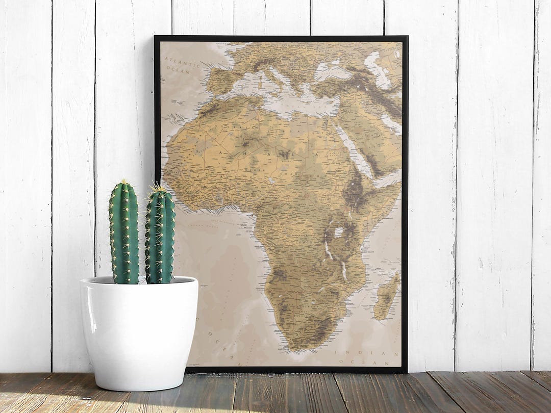 Africa Beige Map Print. Natural Color Vintage Terrain Africa Map With ...