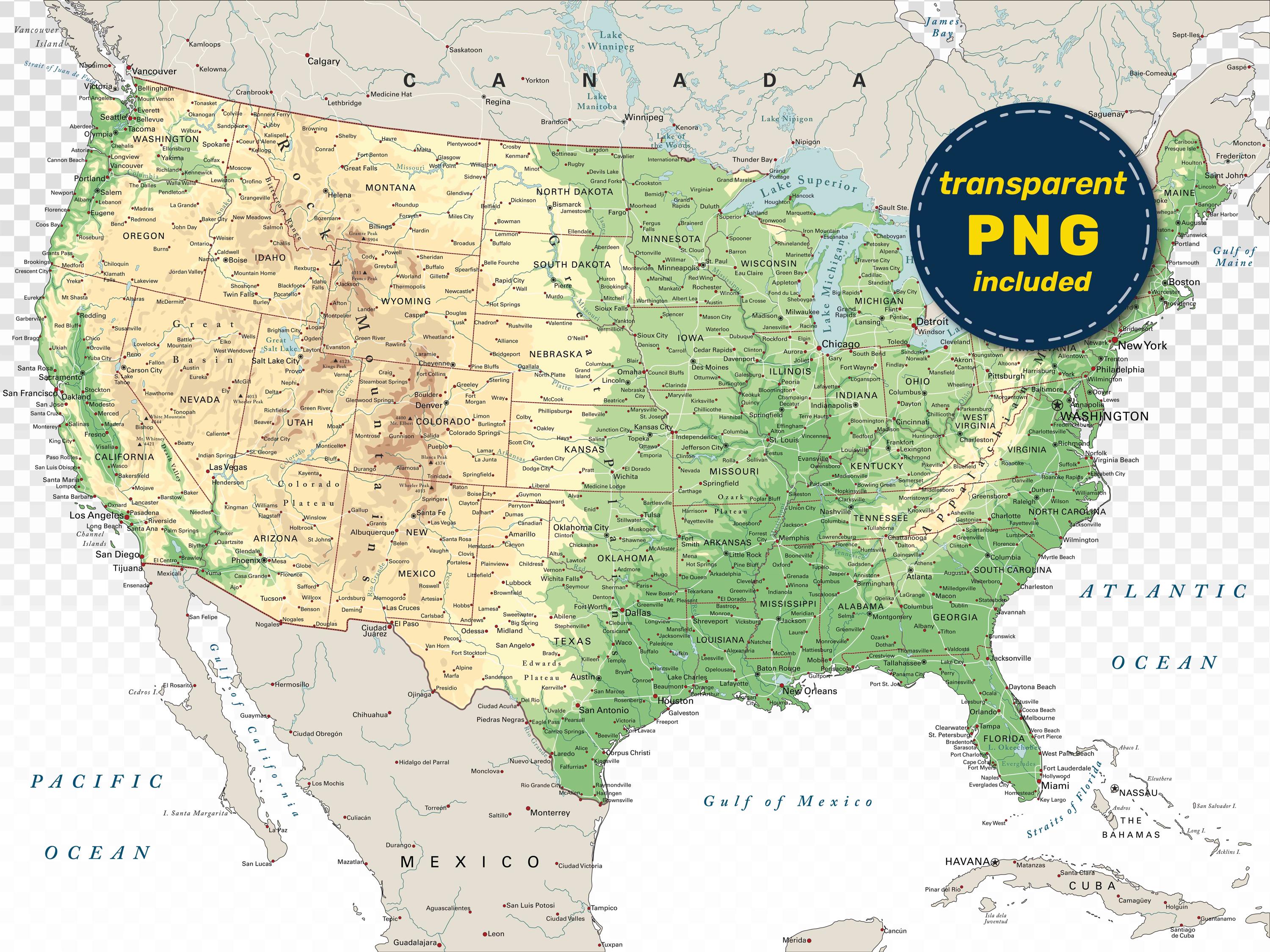 United States Detailed Physical Map. USA Terrain Vector Map ...