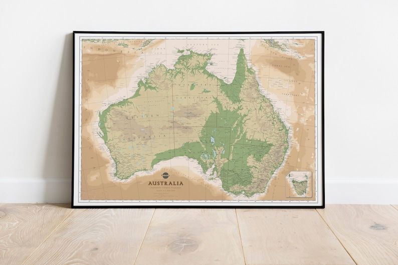 Terrain Map of Australia Australia Wall Map Poster Giclee Print Classic ...