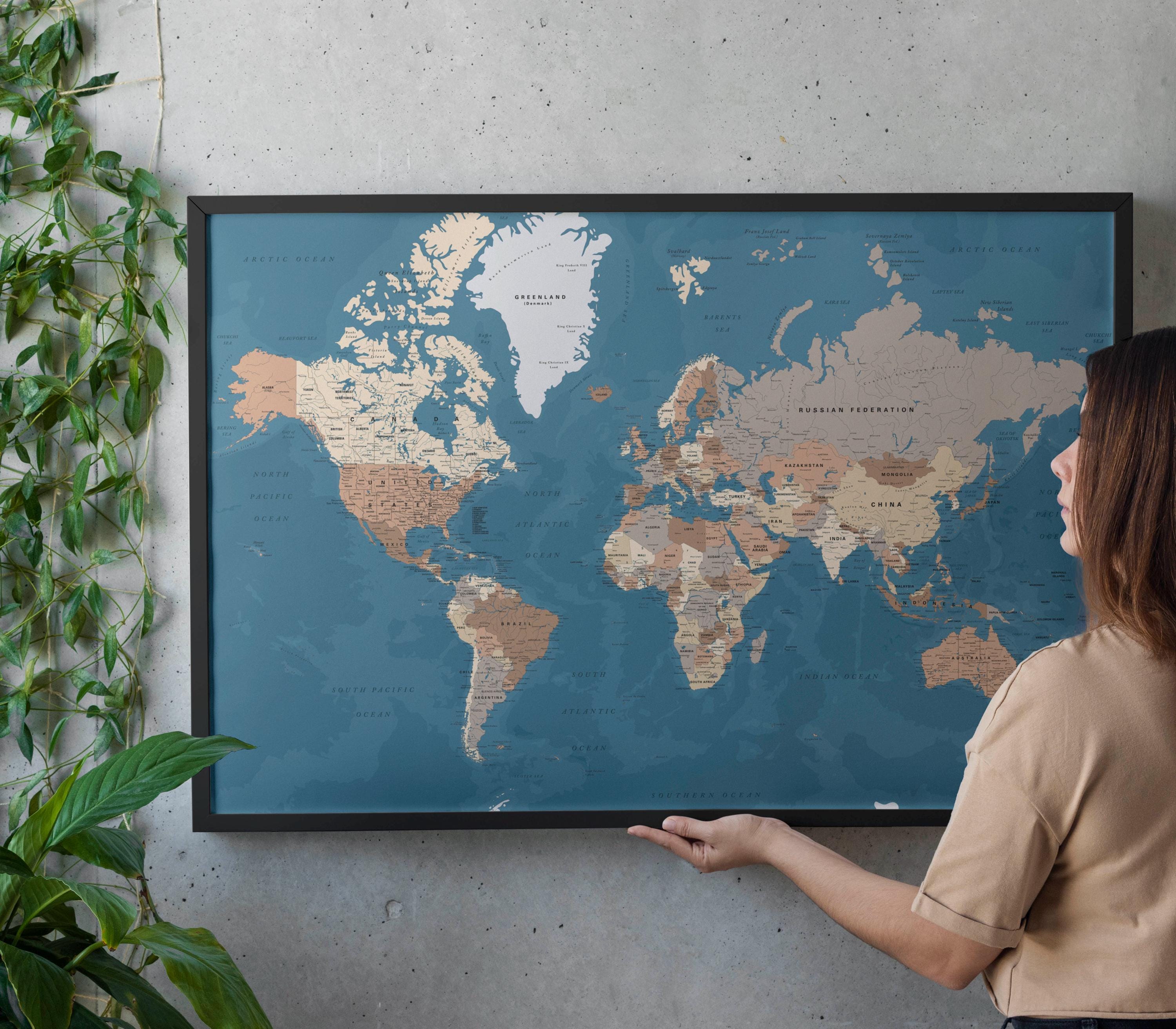 World Map Poster With Countries. Printable Blue Beige Color Map of the ...