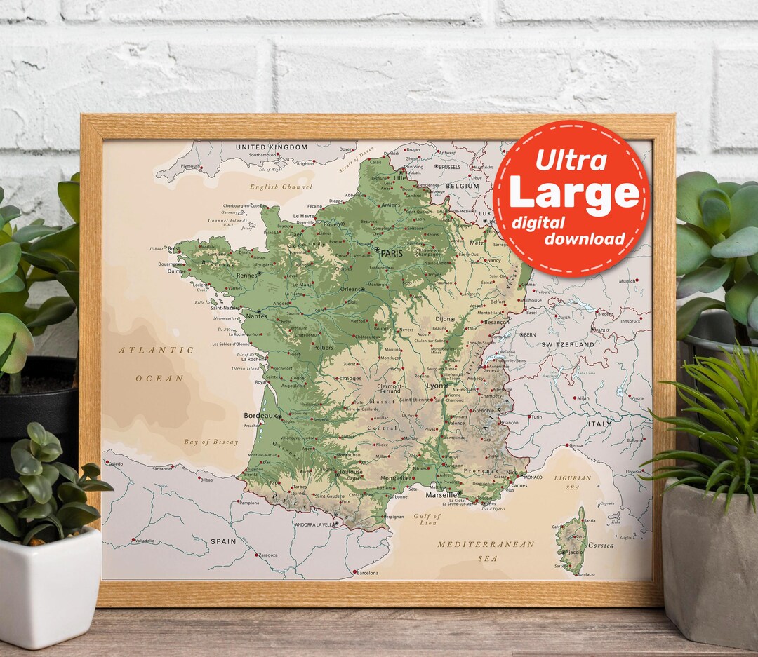 France Vintage Physical Map. French Terrain Vector Map. Educational Map ...