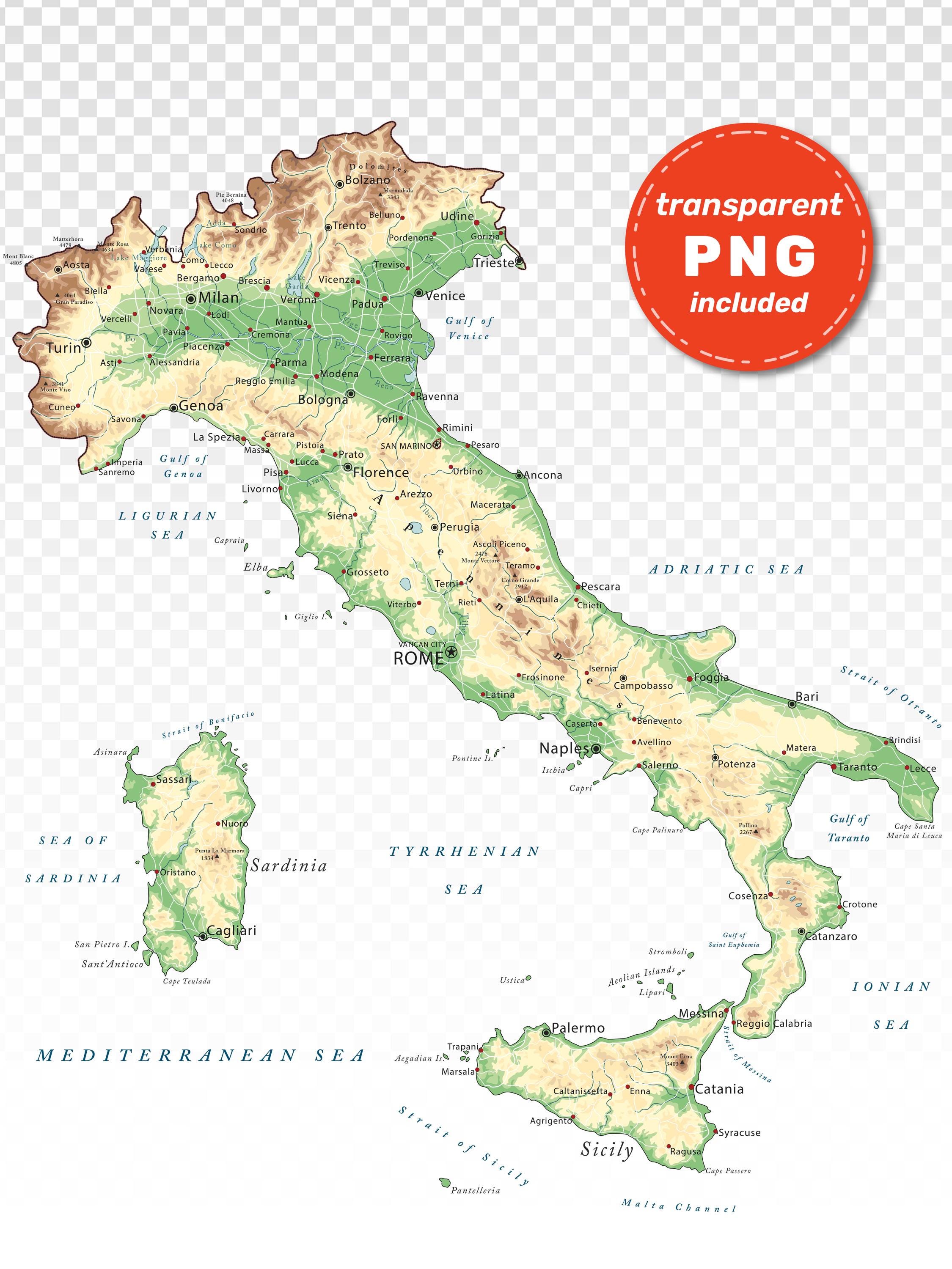 Italy Detailed Physical Map. Italian Terrain Vector Map. Educational ...