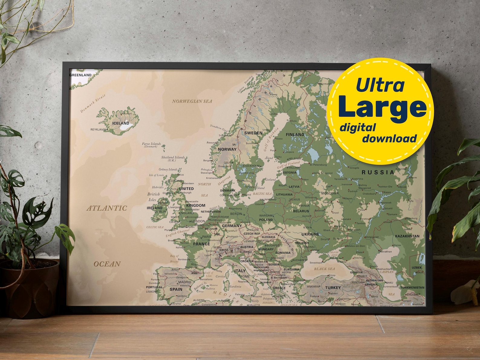 Detailed Europe Terrain Map. Digital Europe Map With, Countries, Cities ...