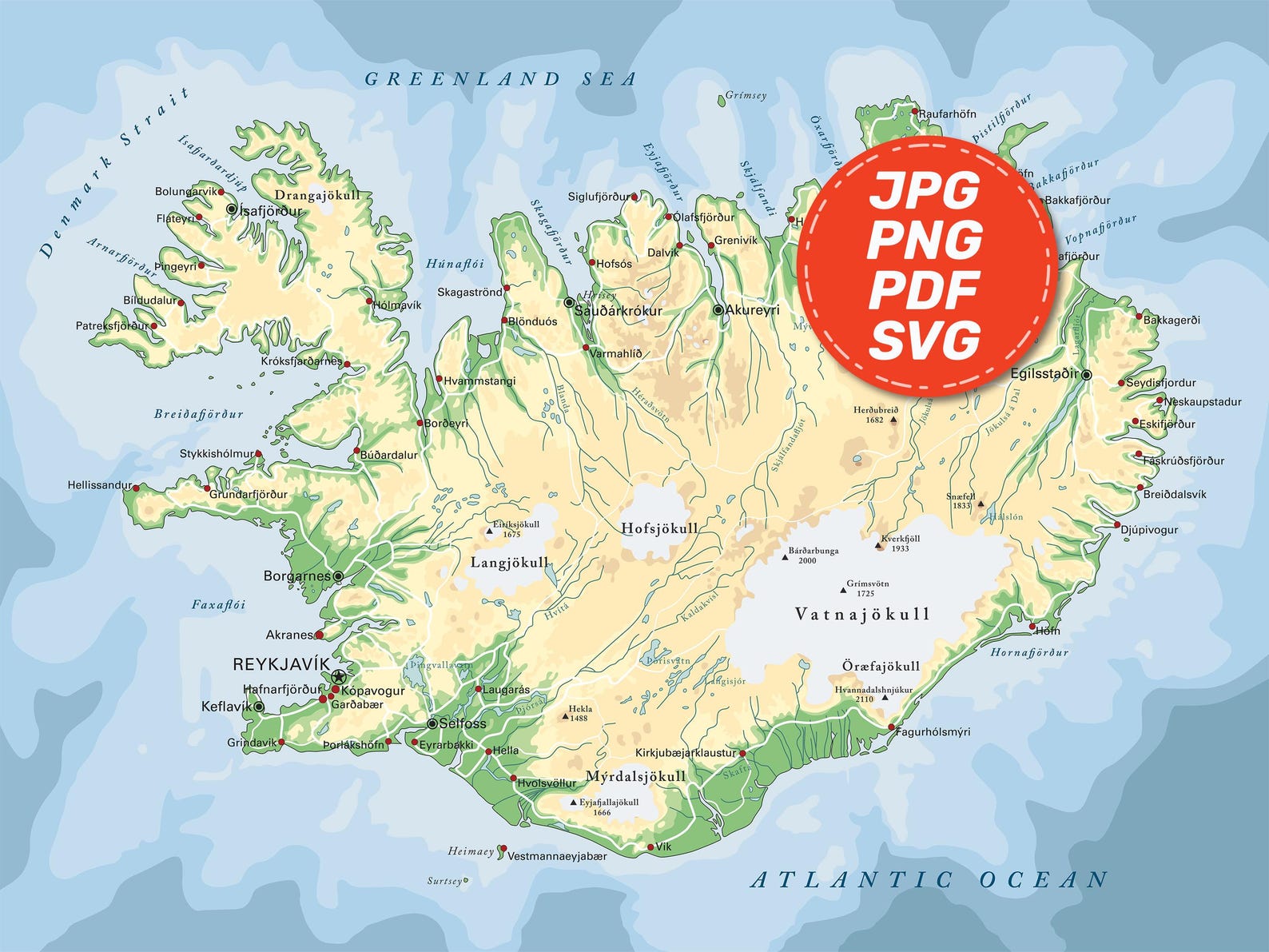 Iceland Detailed Physical Map. Iceland Terrain Vector Map. Educational ...