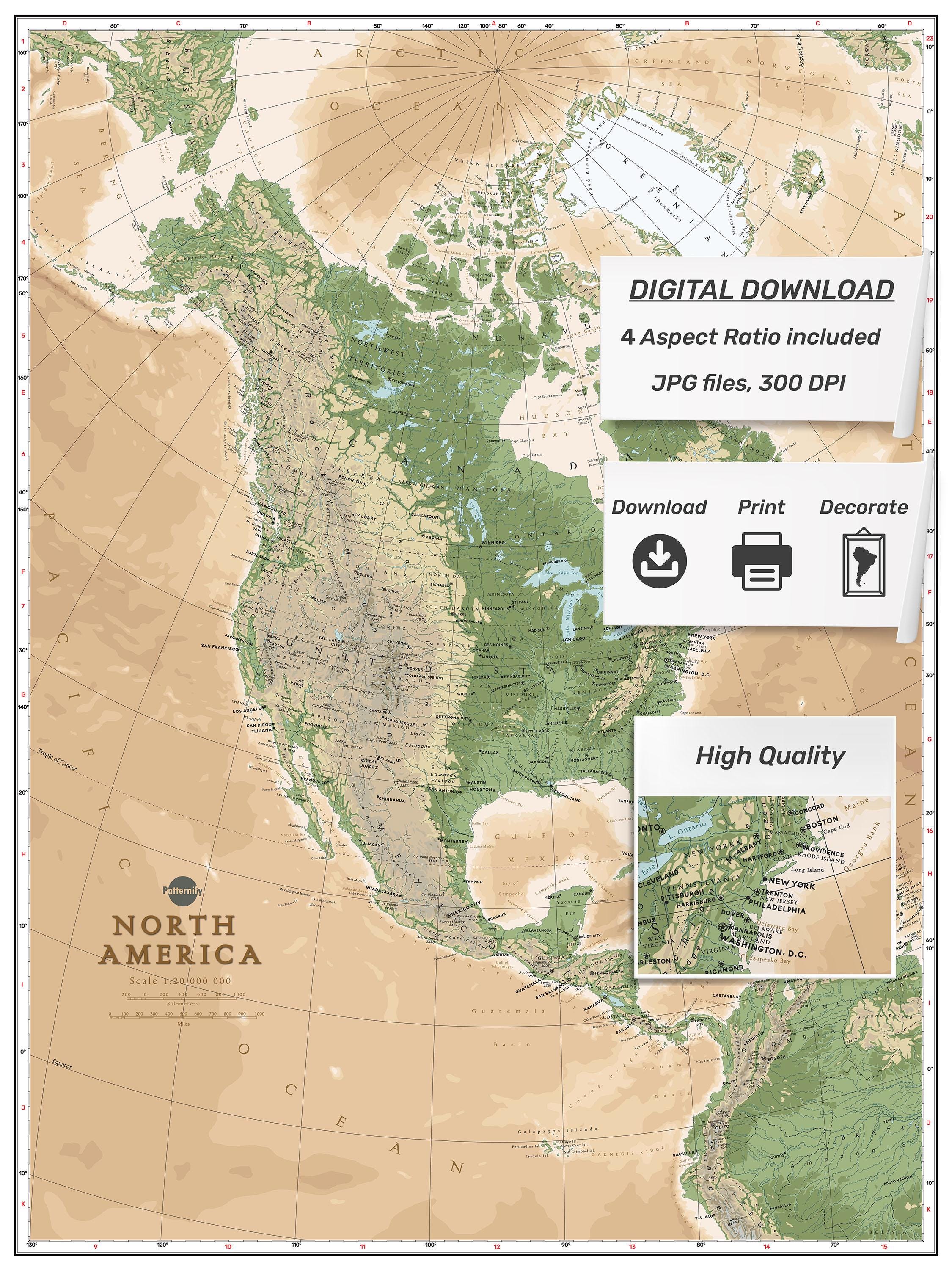 North America Physical Map Print. High-resolution PRINTABLE North ...