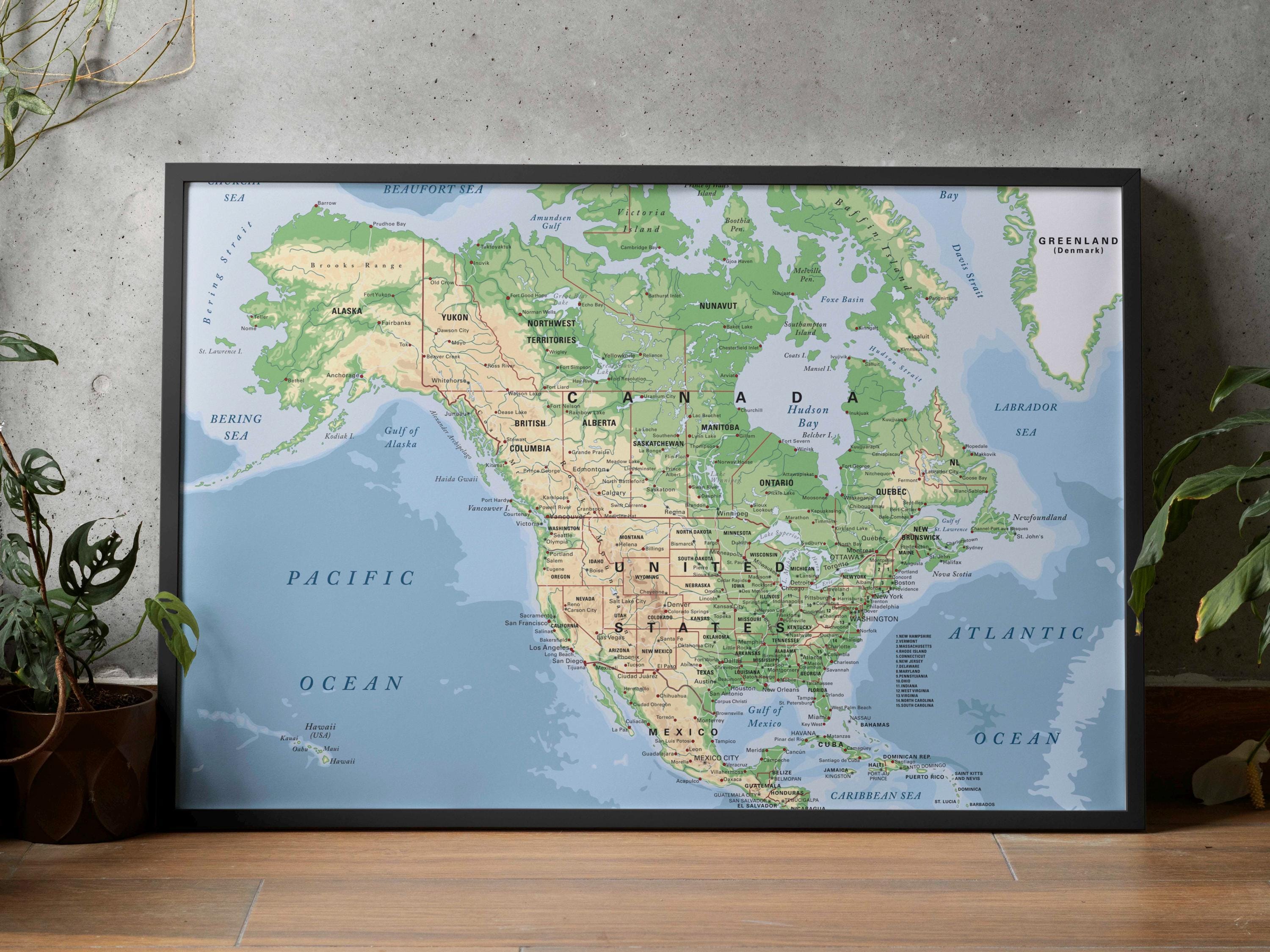 Detailed North America Terrain Map. Digital Americas Map With ...