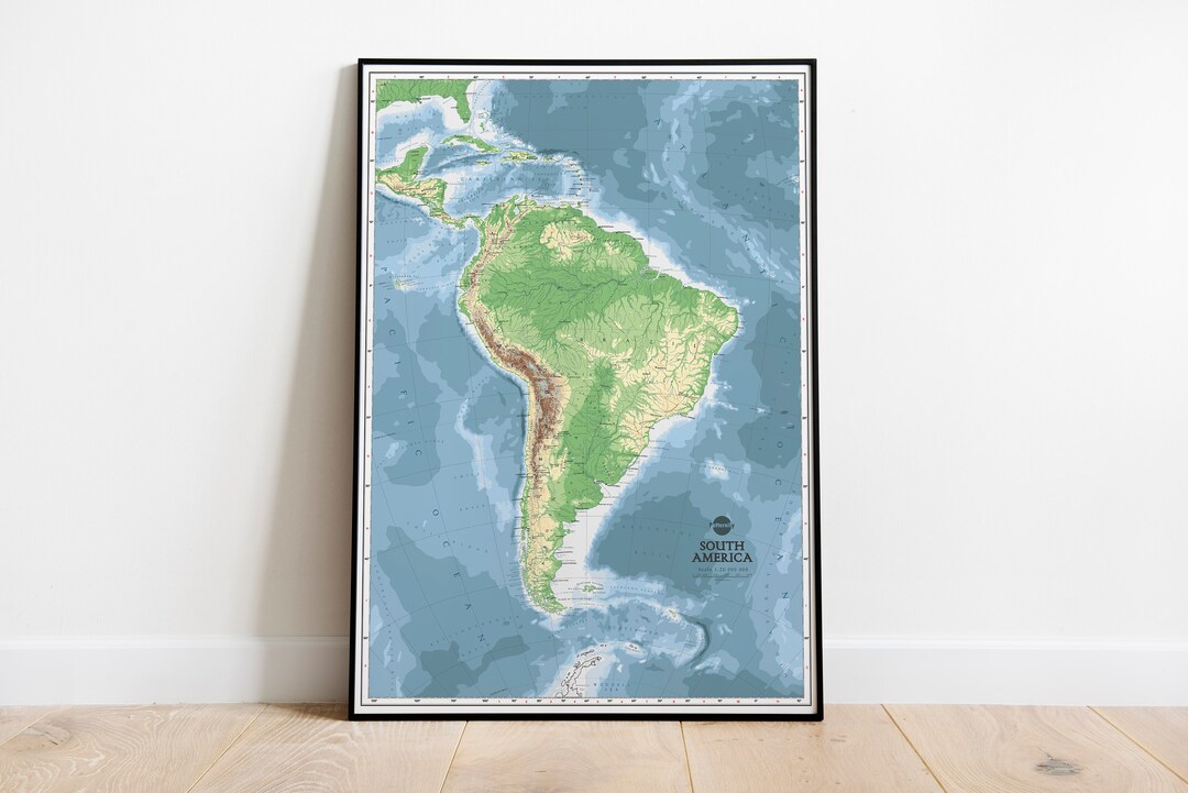 Terrain Map of South America | South America Map Poster Giclee Print ...