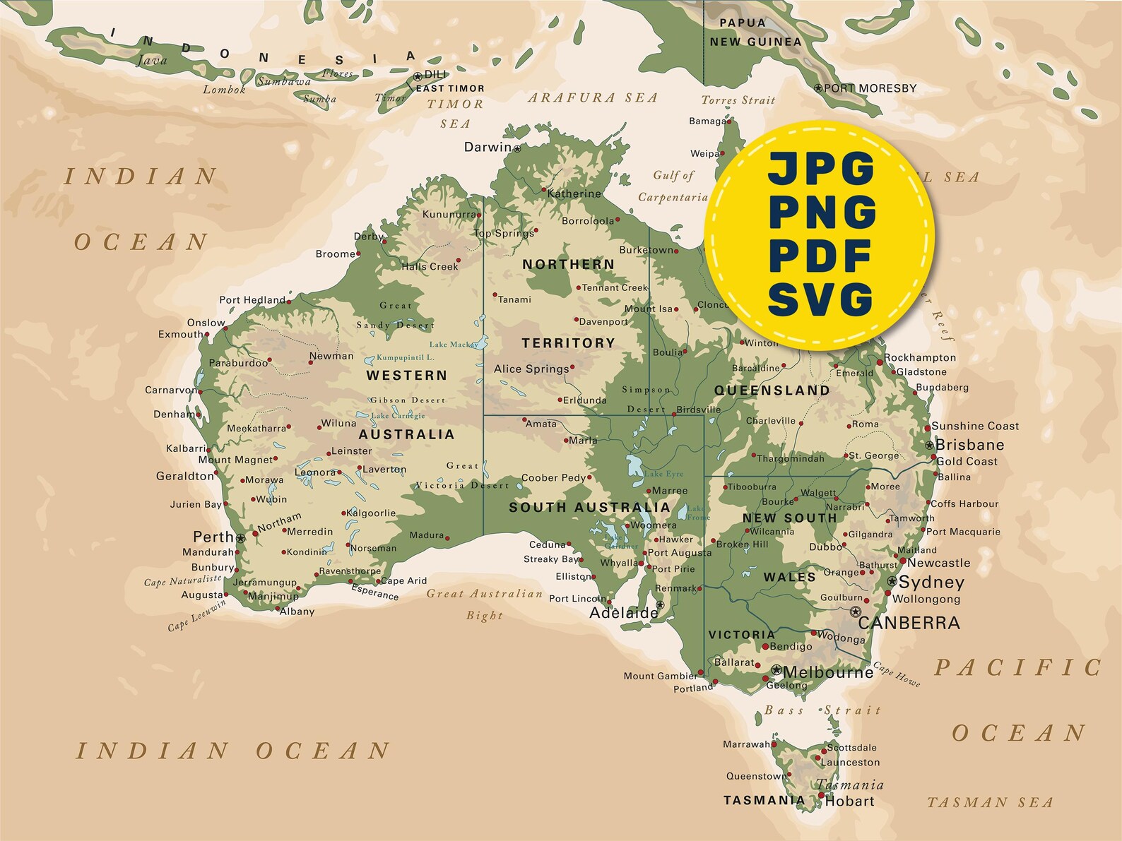 Detailed Physical Map of Australia. Vector Australia Map. Educational ...