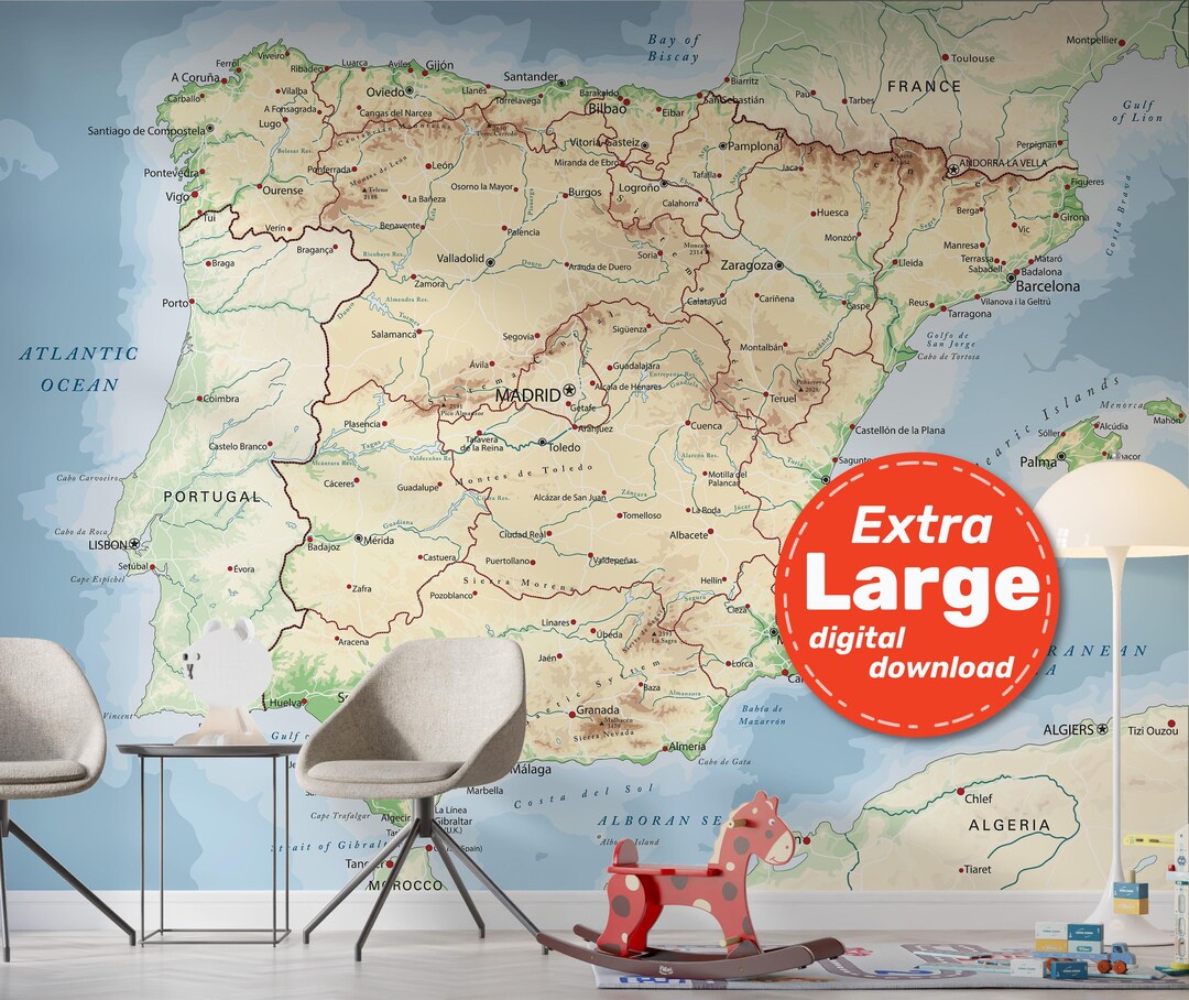 Spain Detailed Physical Map. Spanish Detailed Map Poster With Cities ...