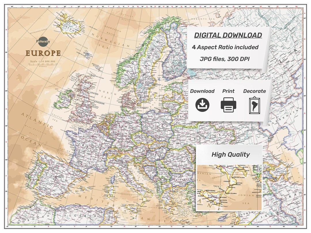 Europe Map Print Europe Map Wall Art PRINTABLE Europe Map Print Digital ...