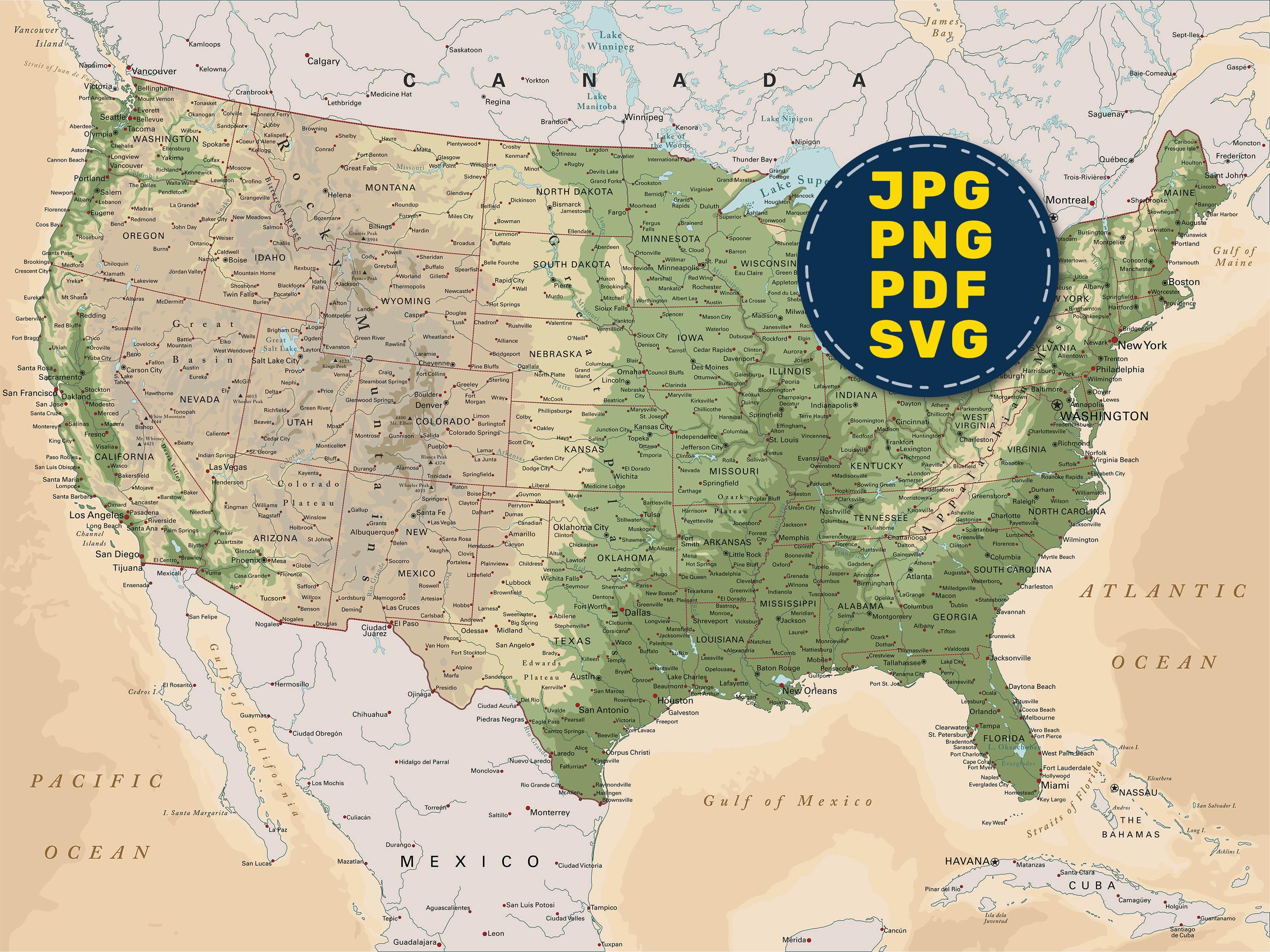 United States Vintage Physical Map. USA Terrain Vector Map. Educational ...