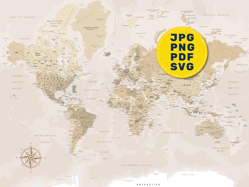 Map of the World With Countries. Printable Natural Beige Color Map of ...