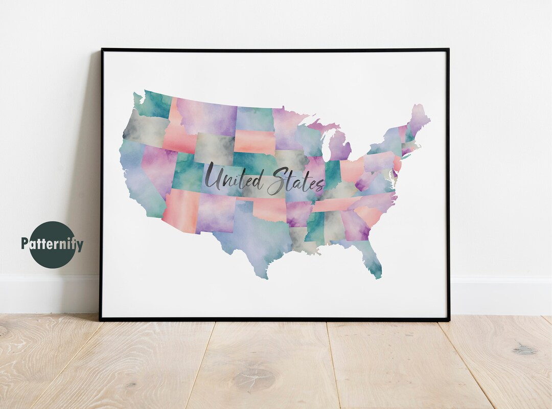 Abstract Watercolor United States Map Print. Colorful Map of the USA ...