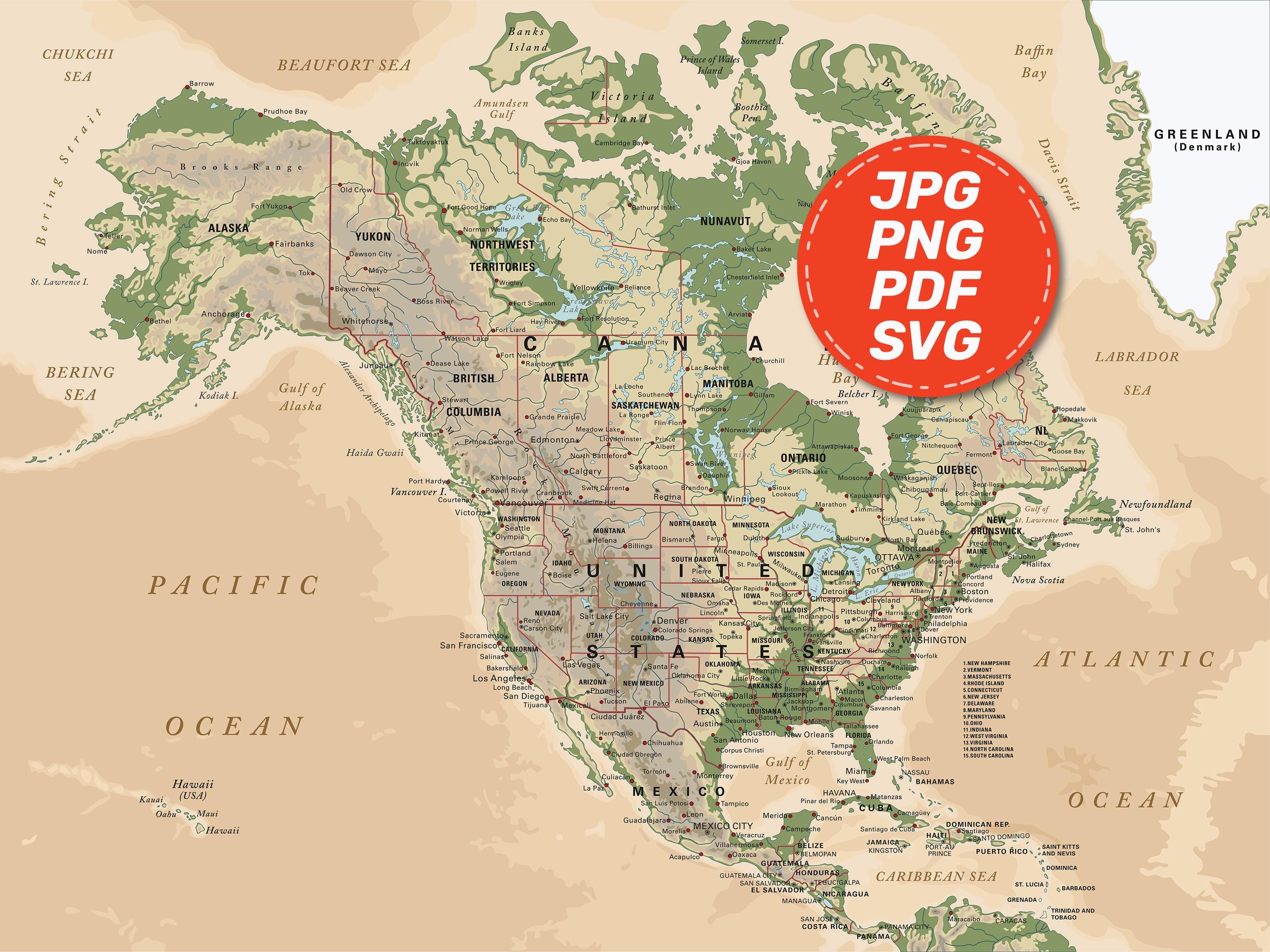Detailed North America Terrain Map. Digital Americas Map With ...