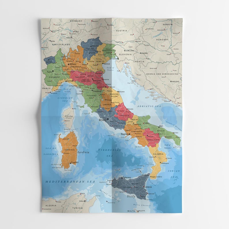 Political Map of Italy. Large Detailed Italian Map Poster With Cities ...