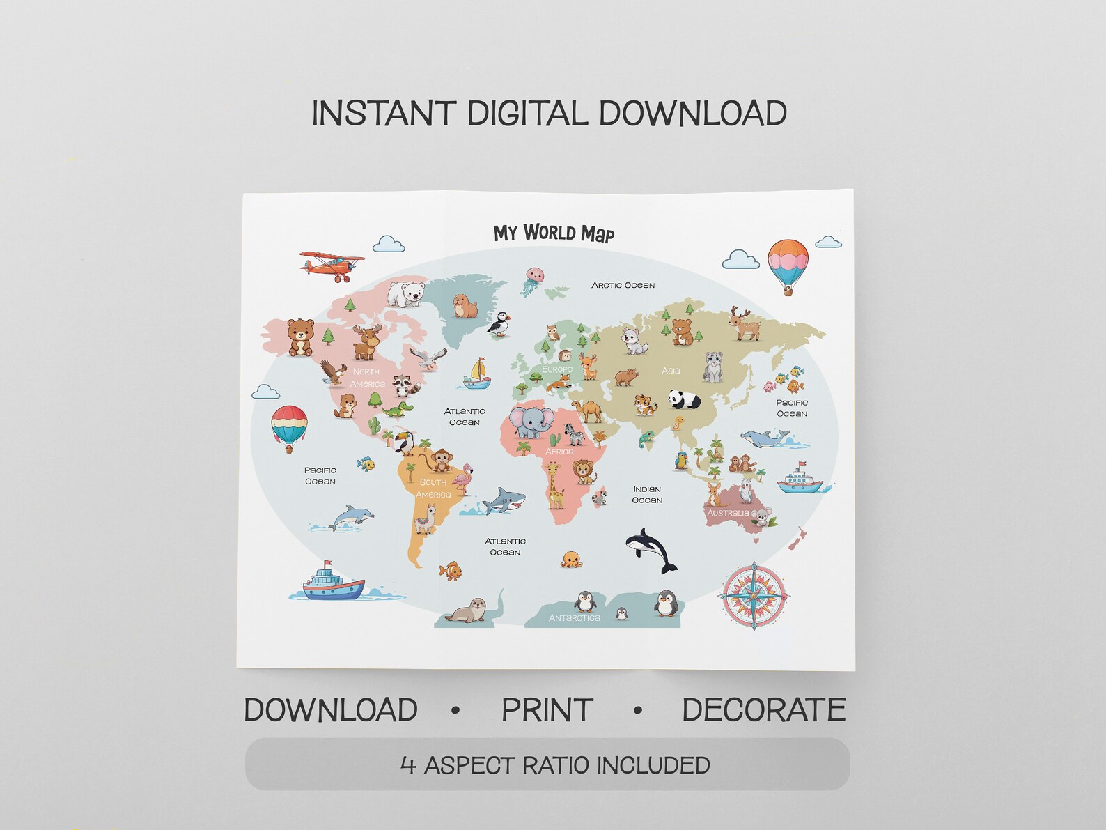 World Map Print for Kids, Animal World Map Print, Nursery Kids Decor ...