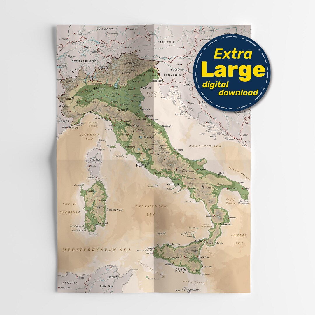 Italy Vintage Physical Map. Italian Terrain Vector Map. Educational Map ...