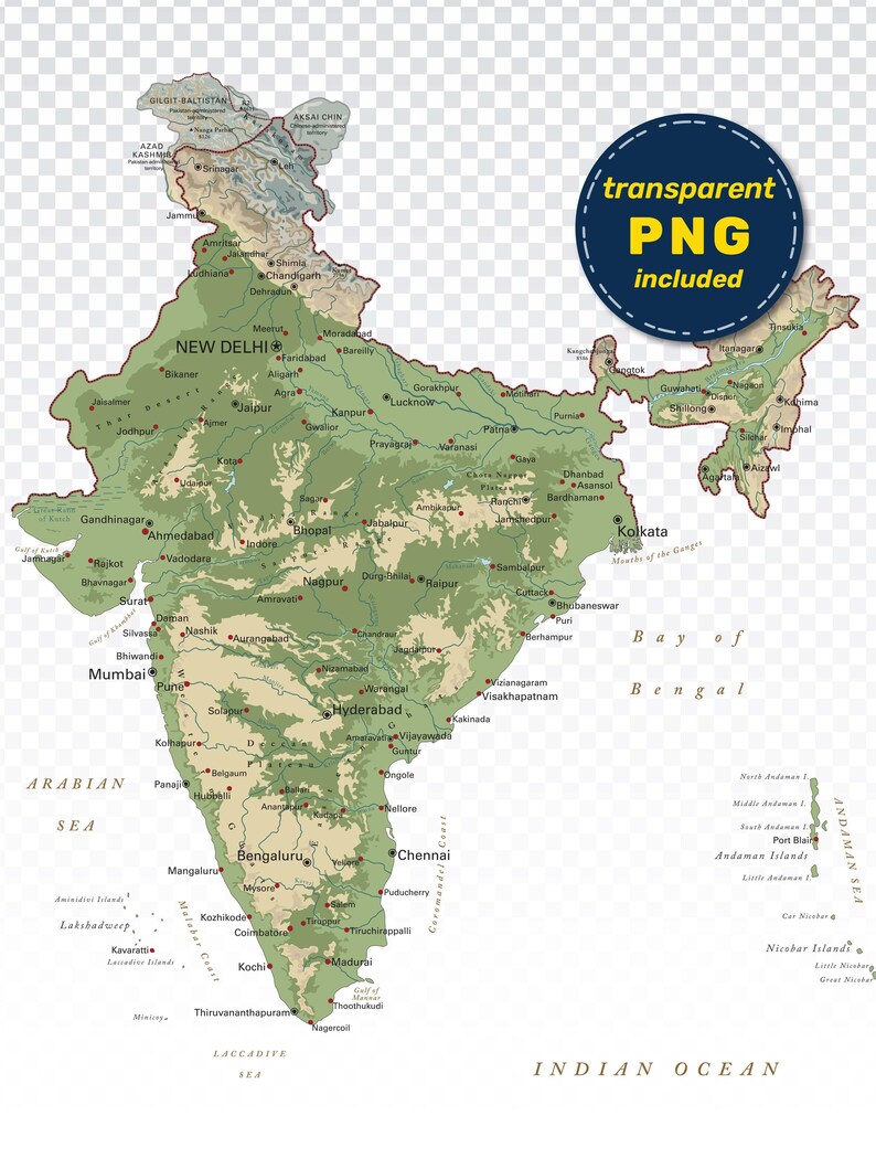 India Vintage Physical Map. Indian Terrain Vector Map. Print With ...