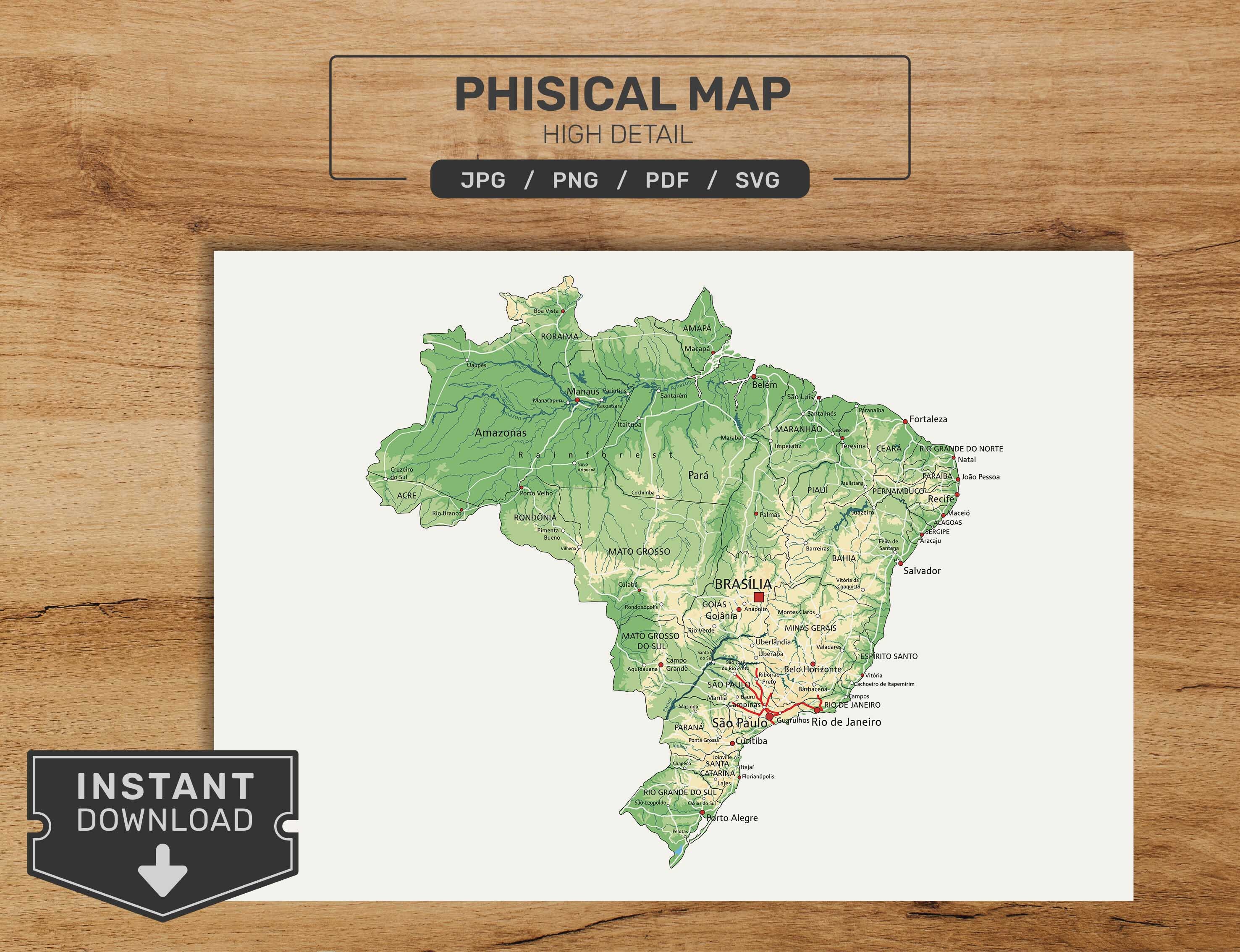 Brazil Map Bundle. Printable Brazilian Map Set. Political, Physical ...