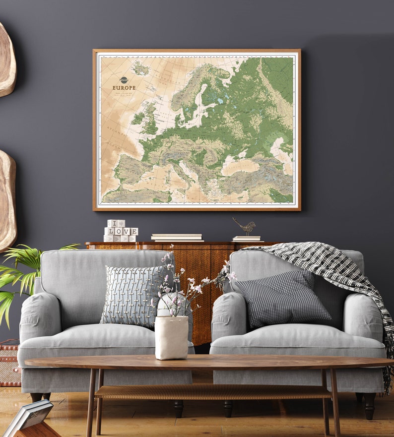 Terrain Map of Europe Europe Map Poster Giclee Print European Continent ...