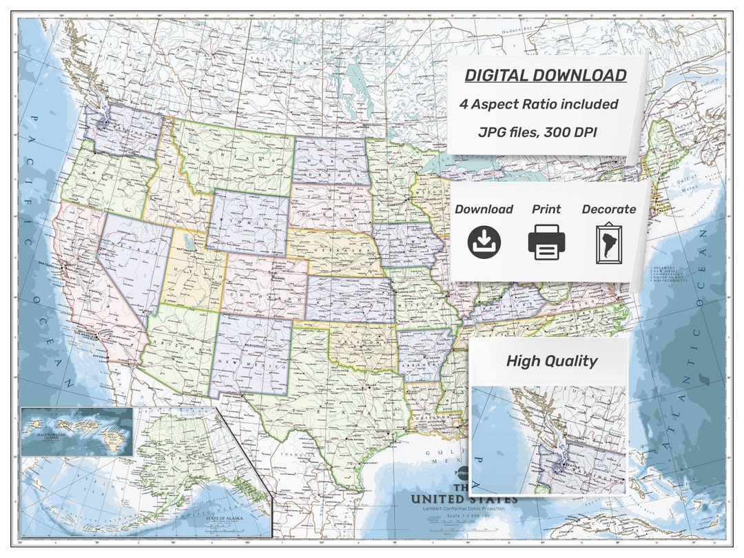 United States Map Print. US Map Wall Art. PRINTABLE United States of ...