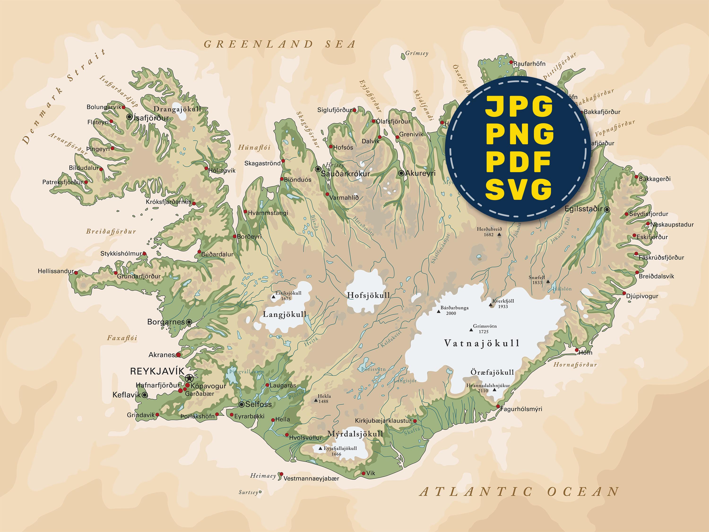 Iceland Vintage Physical Map. Iceland Terrain Vector Map. Educational ...