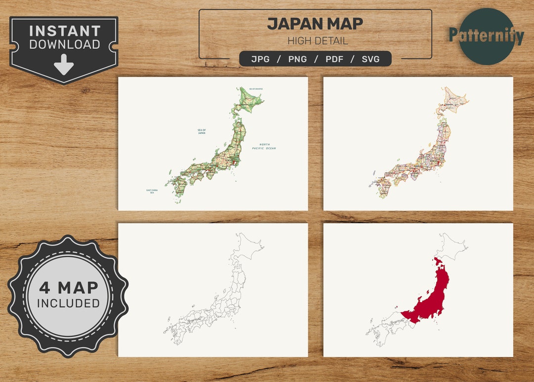 Japan Map Bundle. Printable Japanese Map Set. Political, Physical ...