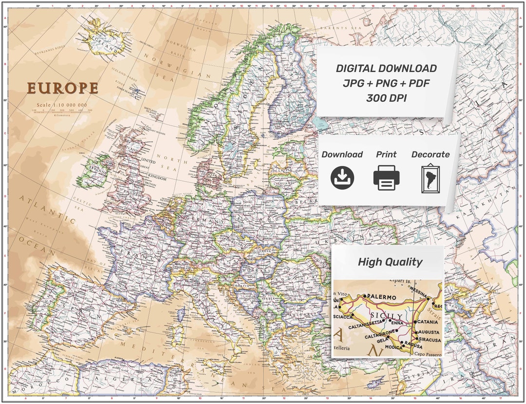 Europe Map Print Europe Map Wall Art PRINTABLE Europe Map - Etsy