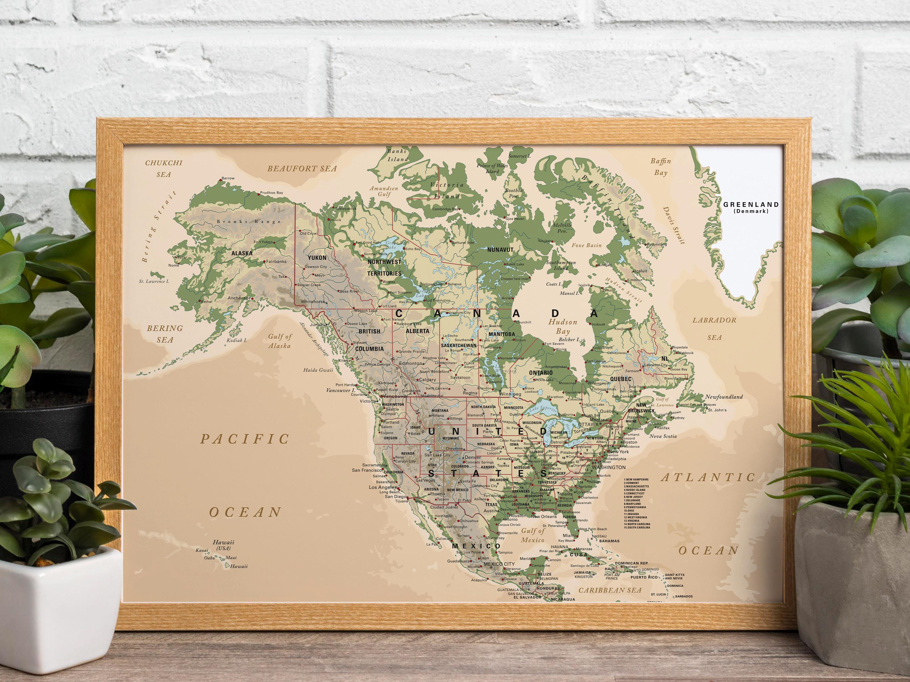 Detailed North America Terrain Map. Digital Americas Map With ...