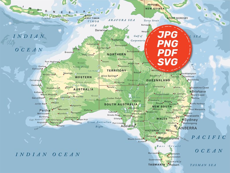 Detailed Physical Map of Australia. Vector Australia Map. Educational ...