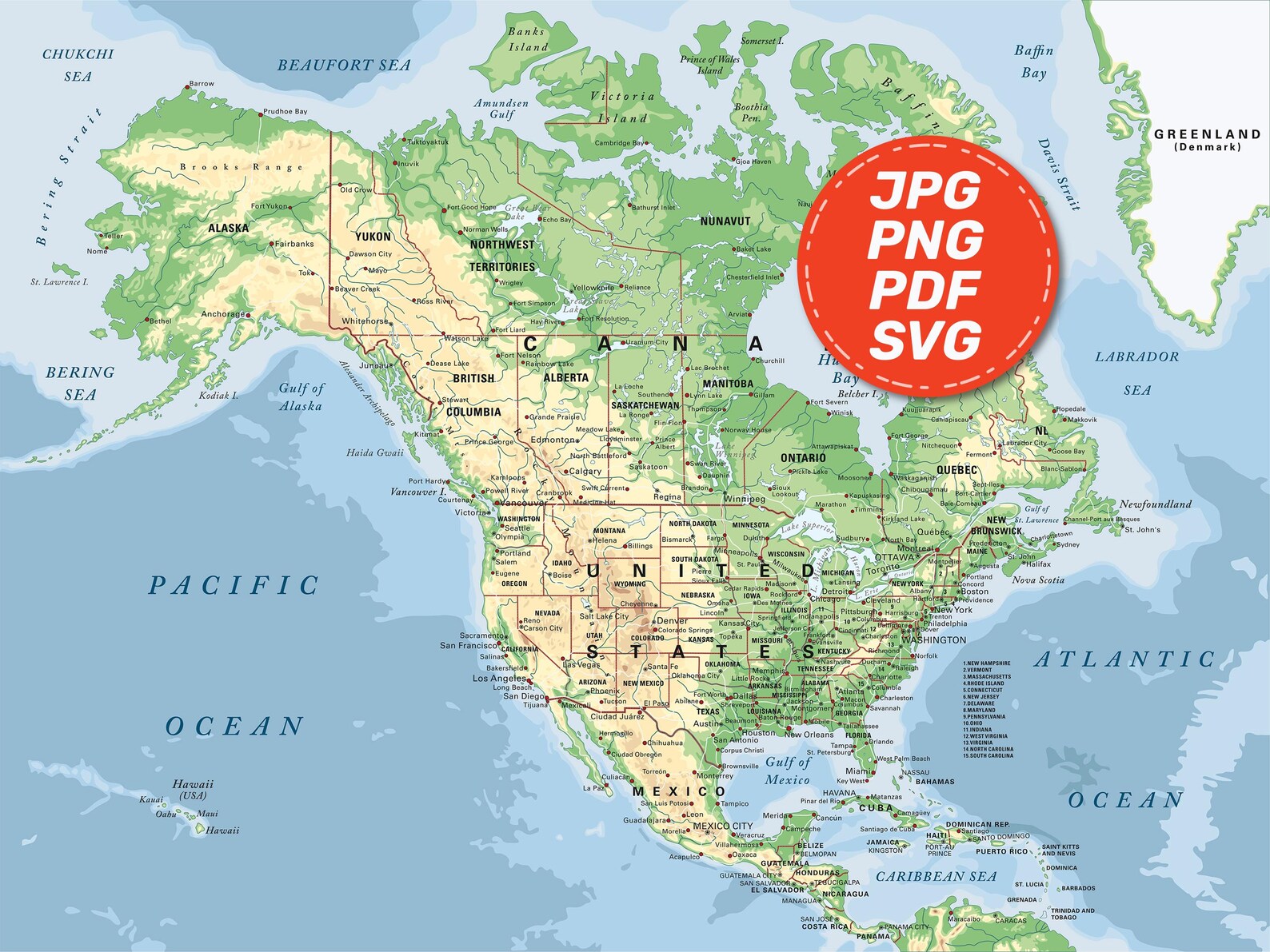 Detailed North America Terrain Map. Digital Americas Map With ...