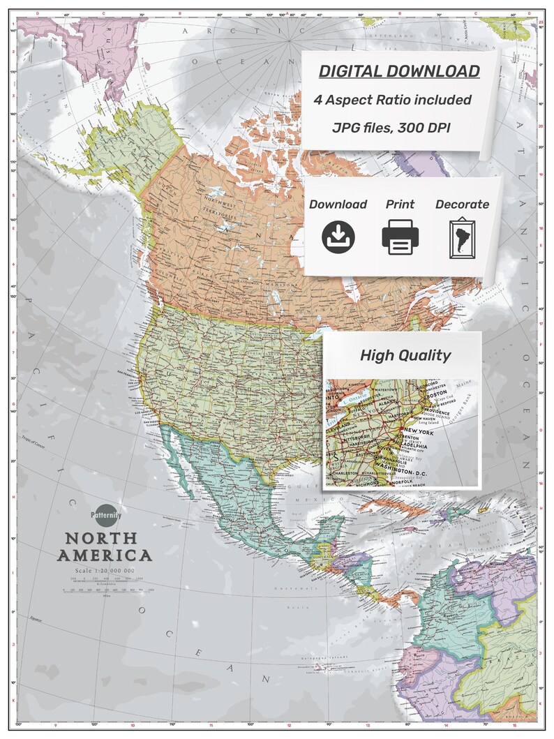 North America Political Map Print. High-resolution PRINTABLE North ...
