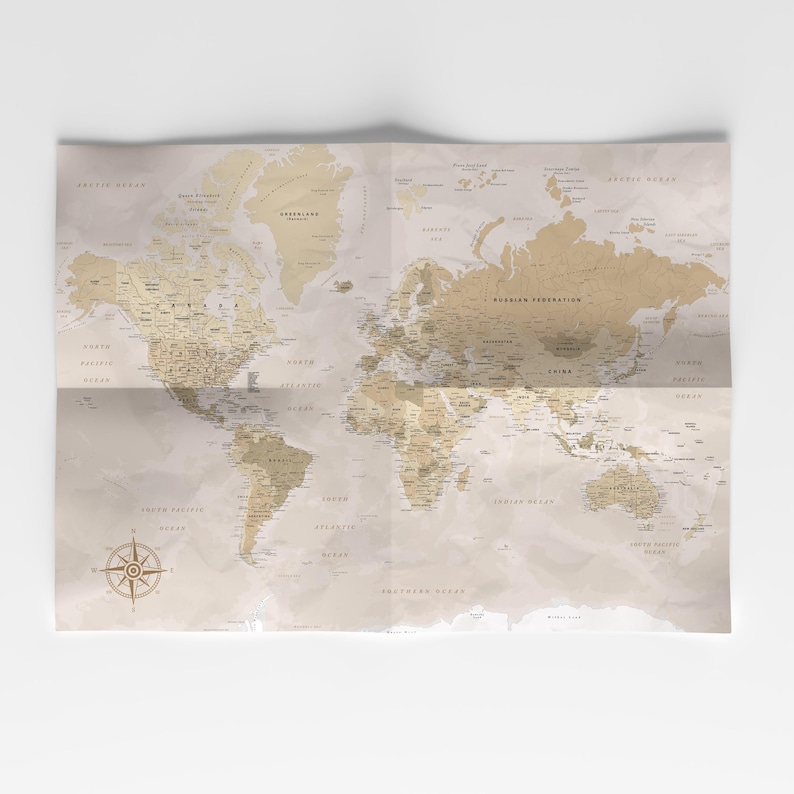 Map of the World With Countries. Printable Natural Beige Color Map of ...