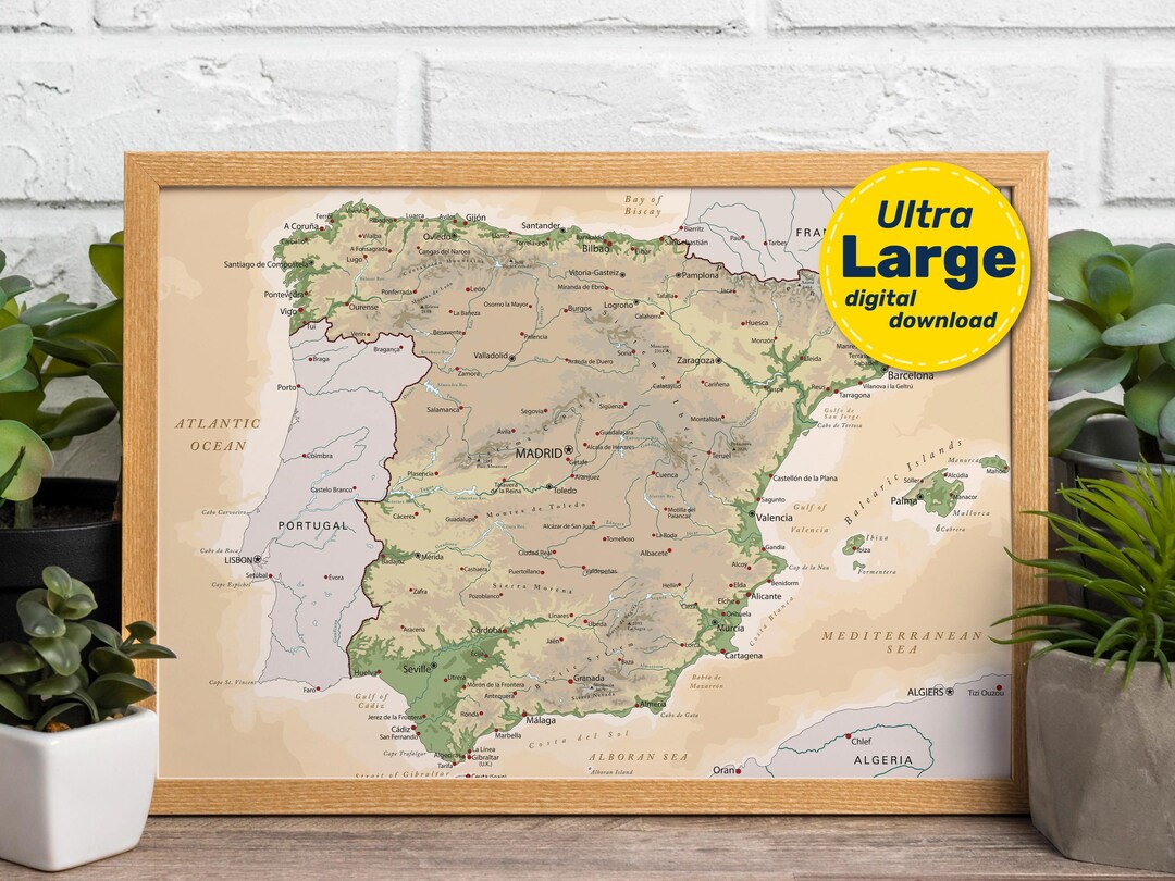 Spain Vintage Physical Map. Spanish Terrain Vector Map. Print With ...