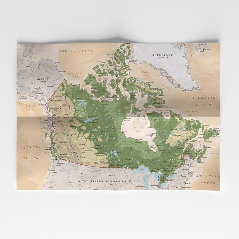 Canada Vintage Physical Map. Canadian Terrain Vector Map. Educational ...