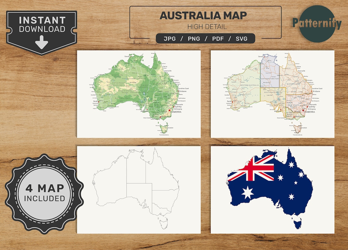 Australia Map Bundle. Printable Australia Map Set. Political, Physical ...