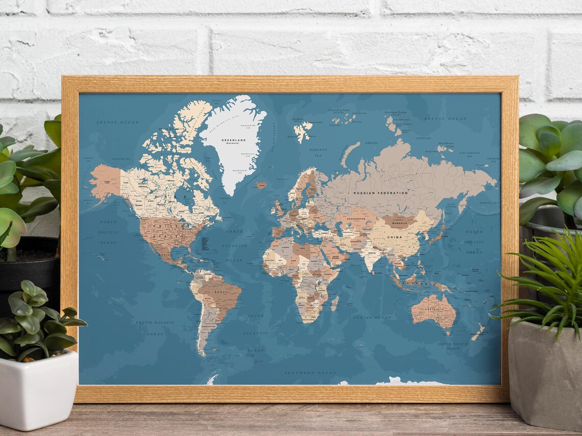 World Map Poster With Countries. Printable Blue Beige Color Map of the ...