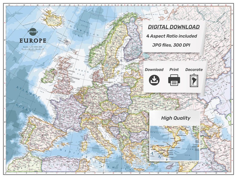 Europe Political Map Print. High-resolution PRINTABLE Europe Map. EU ...
