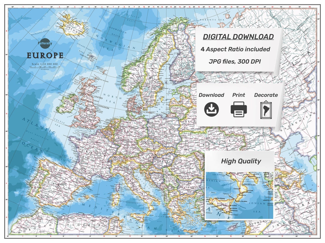 Europe Map Print Europe Map Wall Art PRINTABLE Europe Map Print Digital ...
